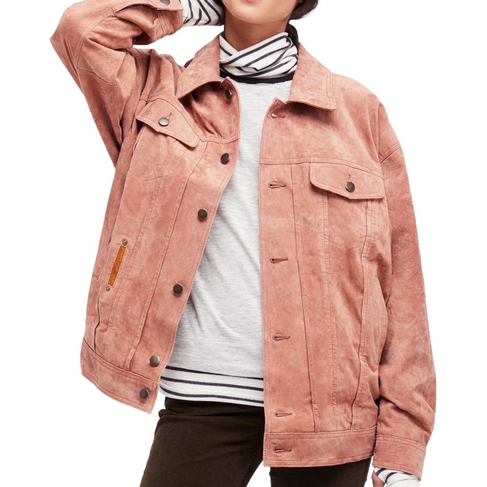 Free People Genuine Suede Trucker Jacket Sand Beige M… - Gem